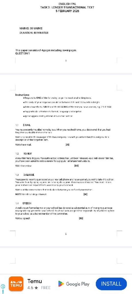 ENGLISH FAL TASK 3: LONGER TRANSACTIONAL TEXT 5 FEBRUARY 2026 MARKS: 30