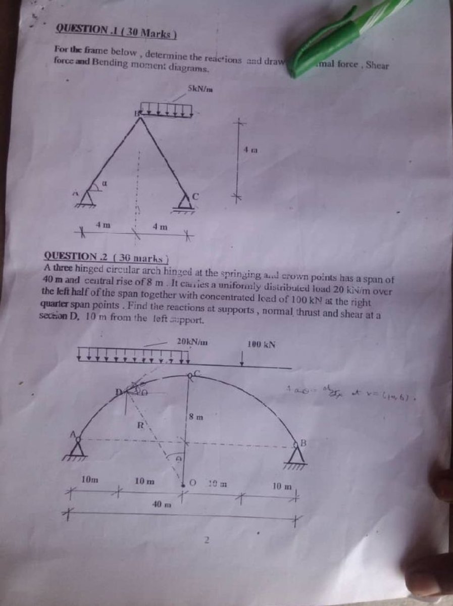For the frame below, determine the reactions and draw normal force, Shear..
