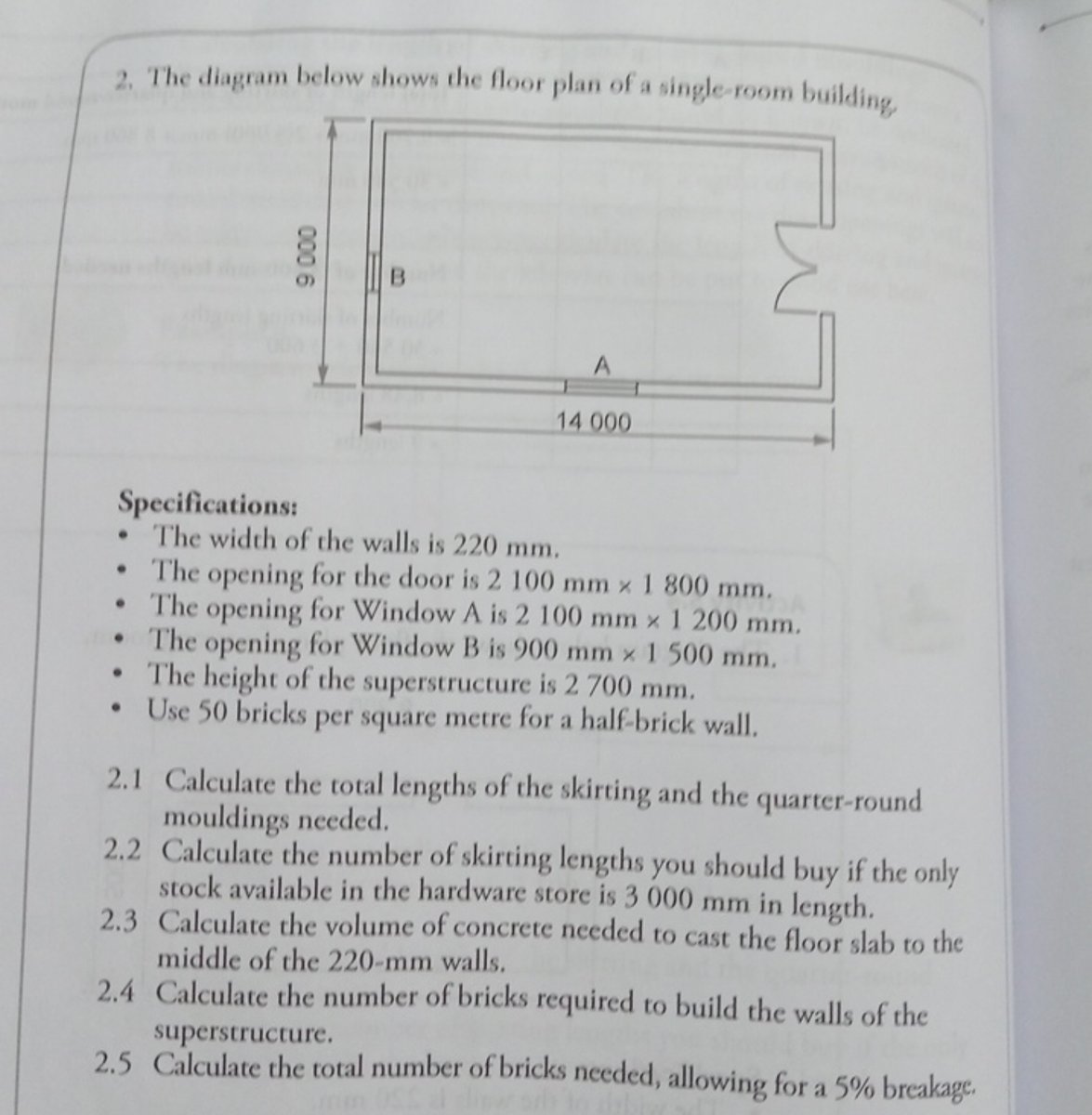 The diagram below shows the floor plan of a single-room building. Specif..