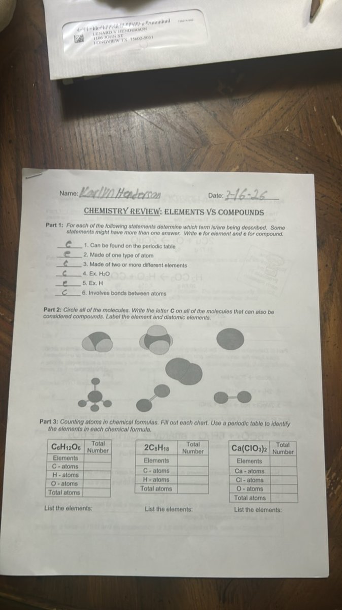 CHEMISTRY REVIEW: ELEMENTS VS COMPOUNDS Part 1: For each of the followin..
