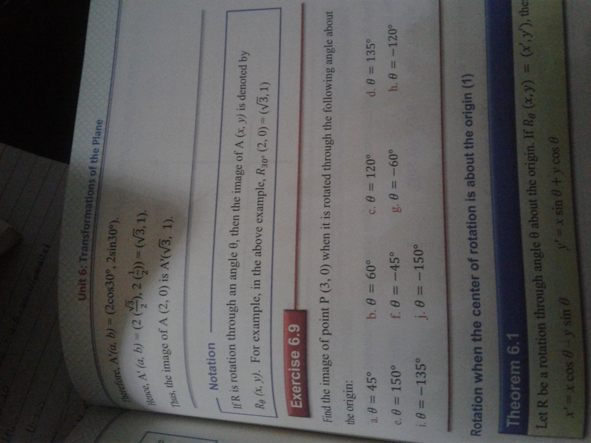 Exercise 6.9 Find the image of point P (3,0) when it is rotated through t..