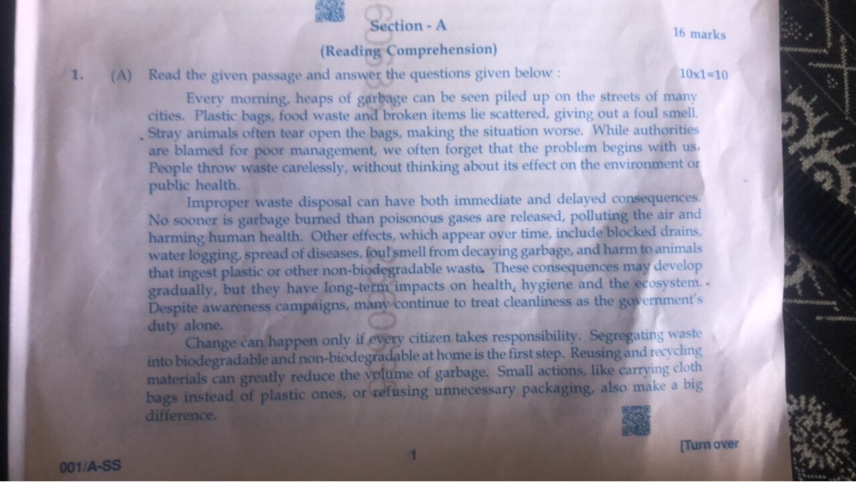 Section - A (Reading Comprehension) (A) Read the given passage and answer..
