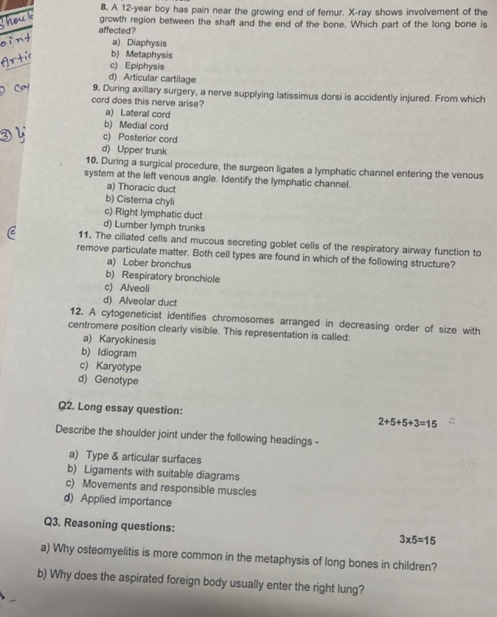 Q2. Long essay question: Describe the shoulder joint under the following