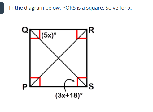 In the diagram below, PQRS is a square. Solve for x. (The diagram shows