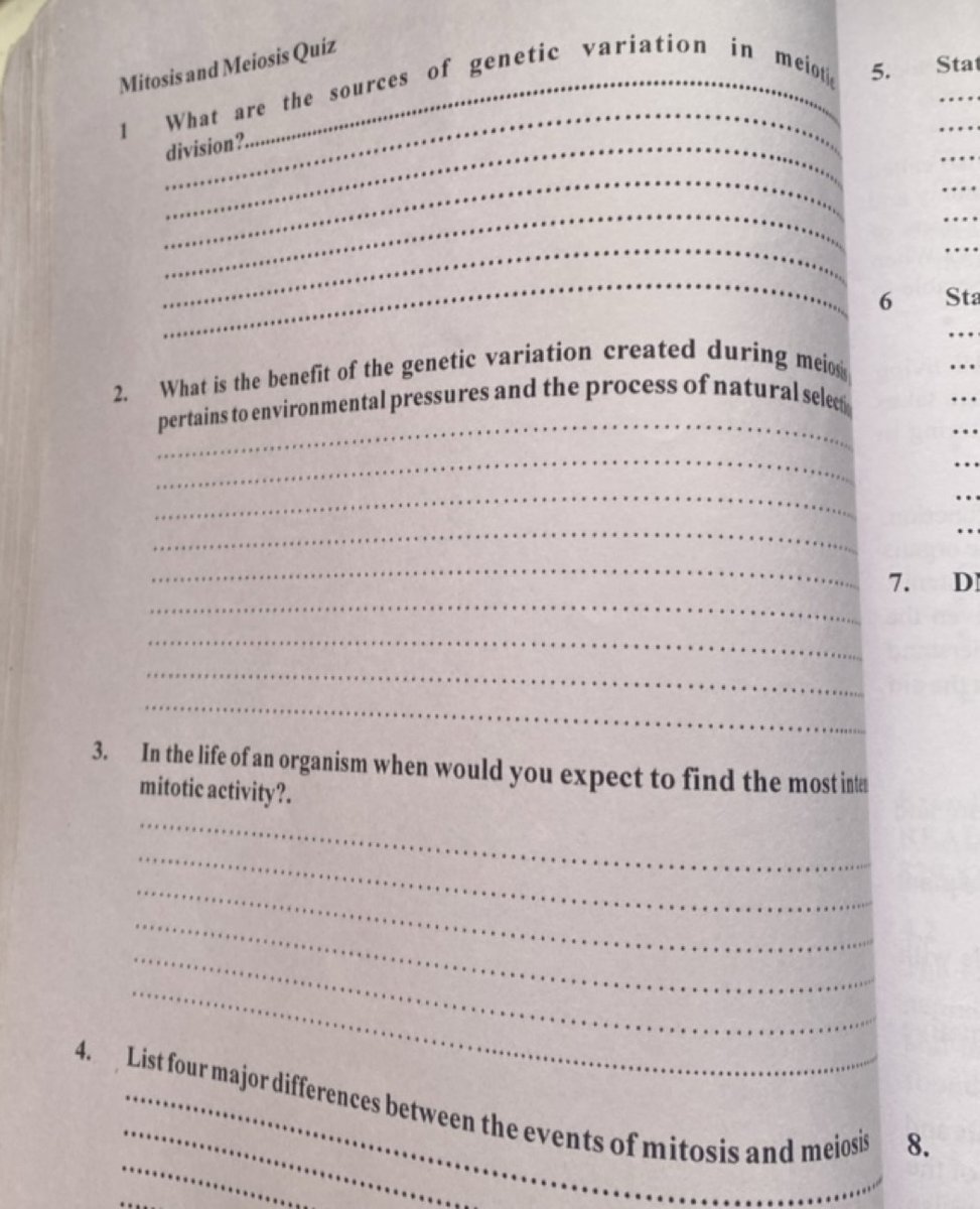 Mitosis and Meiosis Quiz What are the sources of genetic variation in me..