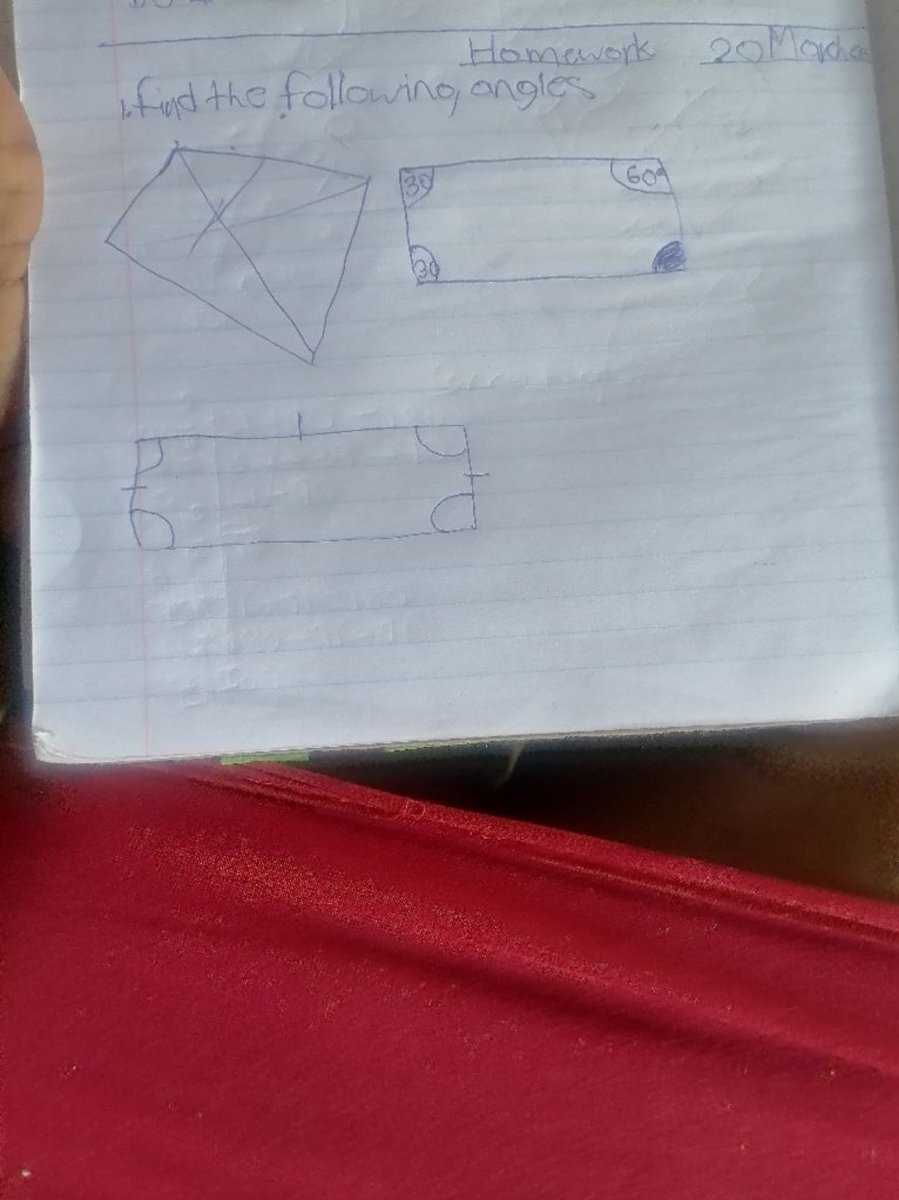 Find the following angles: [Diagrams of geometric shapes with some angle..