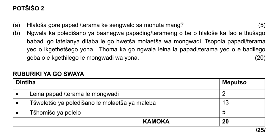 POTŠIŠO 2 (a) Hlaloša gore papadi/terama ke sengwalo sa mohuta mang? (5)..