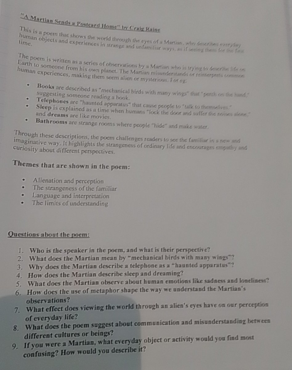 Here are questions about the poem "A Martian Sends a Postcard Home" by Cr..