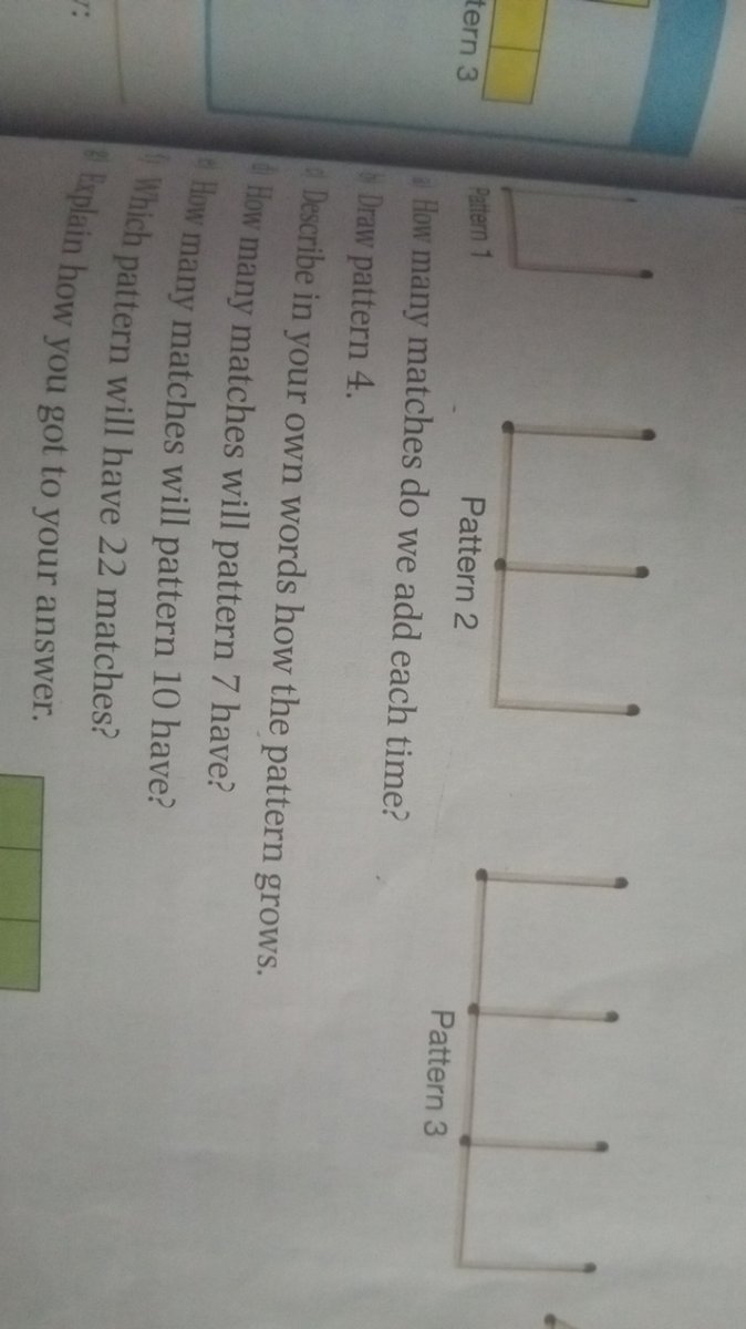 Here are three patterns made with matches: Pattern 1: (Image shows 3 mat..