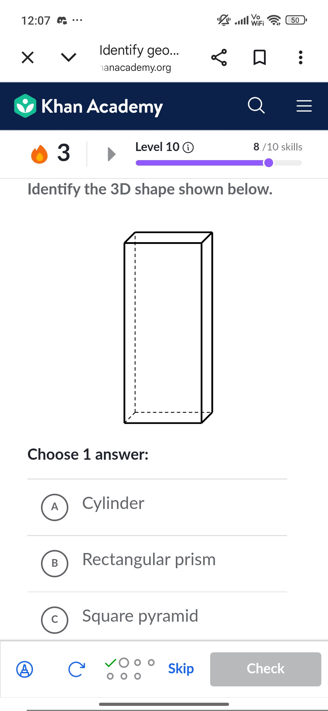 Identify the 3D shape shown below. [Image of a rectangular prism] Choos..