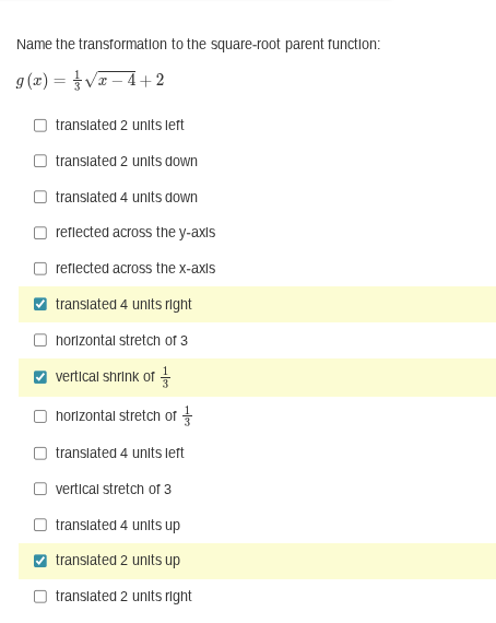Name the transformation to the square-root parent function: g(x) = \frac..