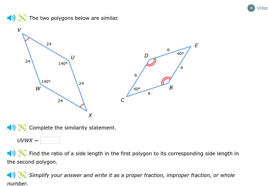 The two polygons below are similar. [Diagram of two polygons, UVWX and C..