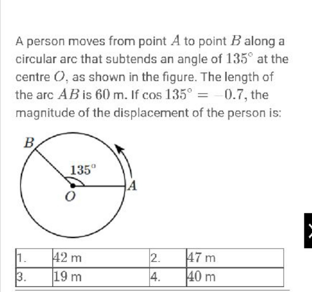 A person moves from point A to point B along a circular arc that subtends..