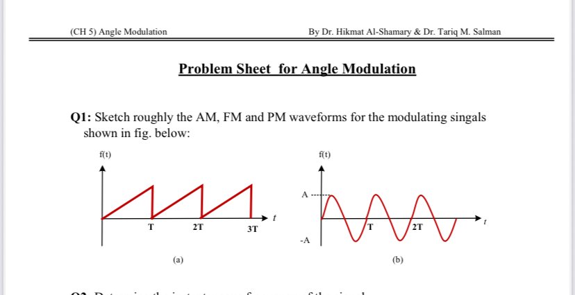 Q1: Sketch roughly the AM, FM and PM waveforms for the modulating signals..