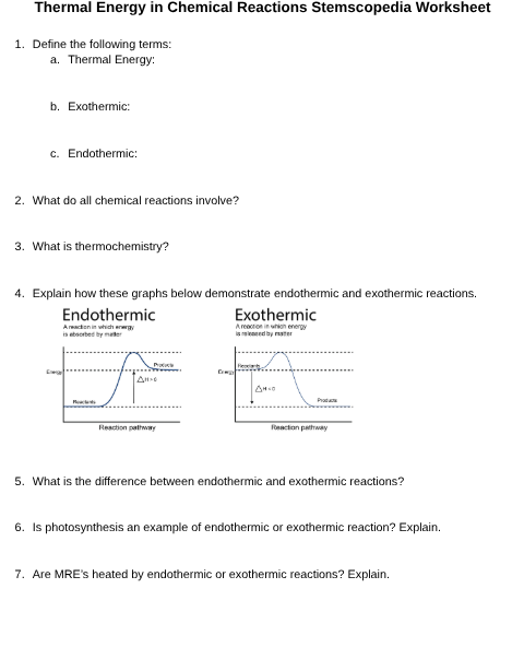 Thermal Energy in Chemical Reactions Stemscopedia Worksheet Define the f..