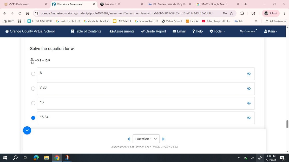 Solve the equation for w. w/1.1 - 3.9 = 10.5 | Filo