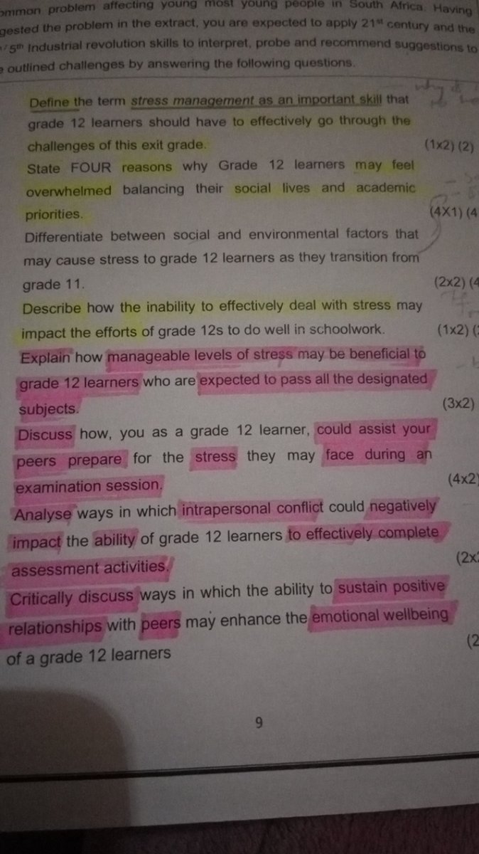 Define the term stress management as an important skill that grade 12 lea..