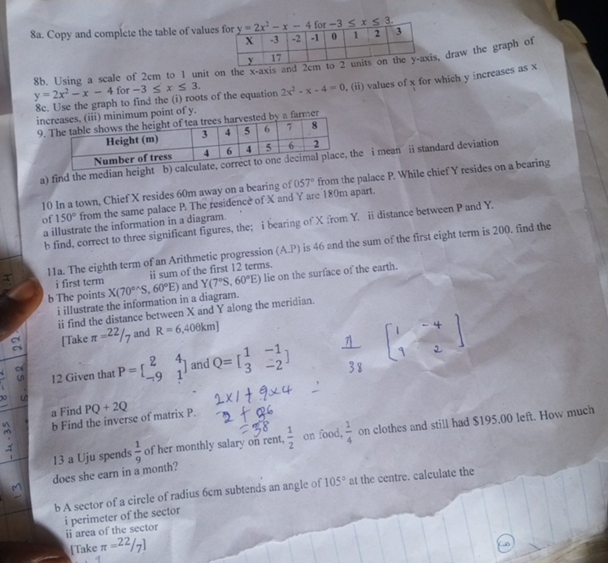 8a. Copy and complete the table of values for y = 2x² - x - 4 for -3 ≤ x