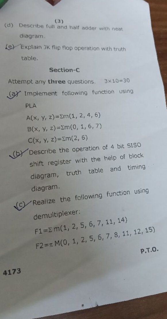 Section B (d) Describe full and half adder with neat diagram. (e) Expla..