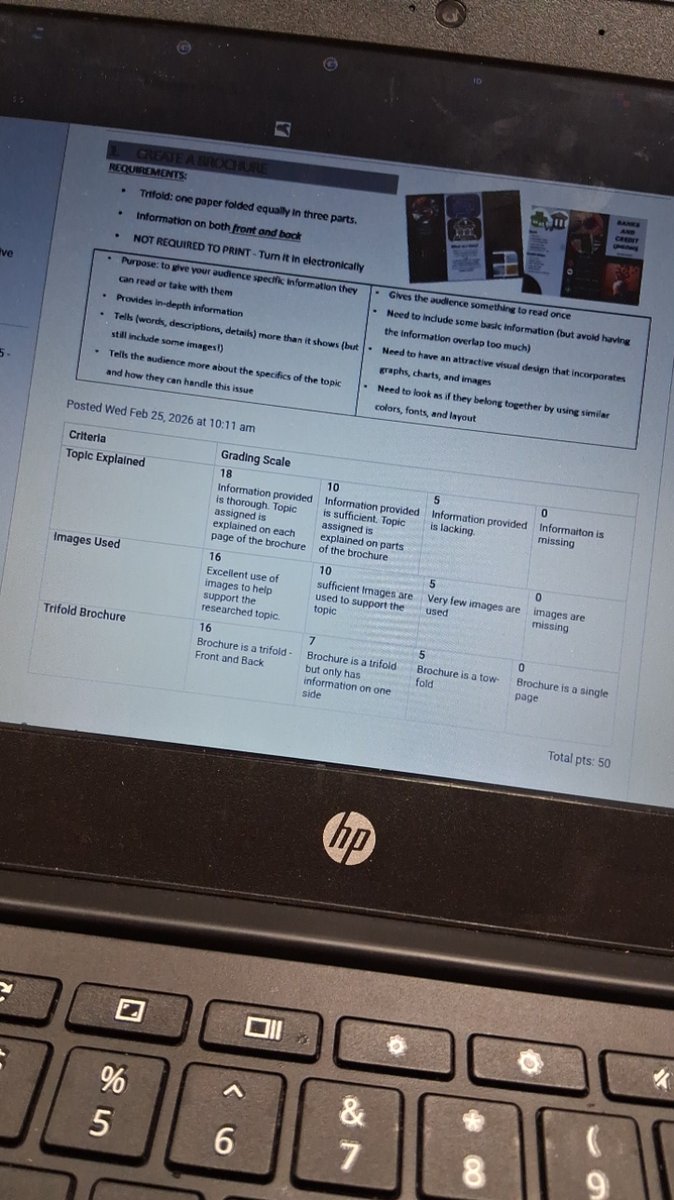 Here are the requirements and grading scale for a brochure assignment: R..