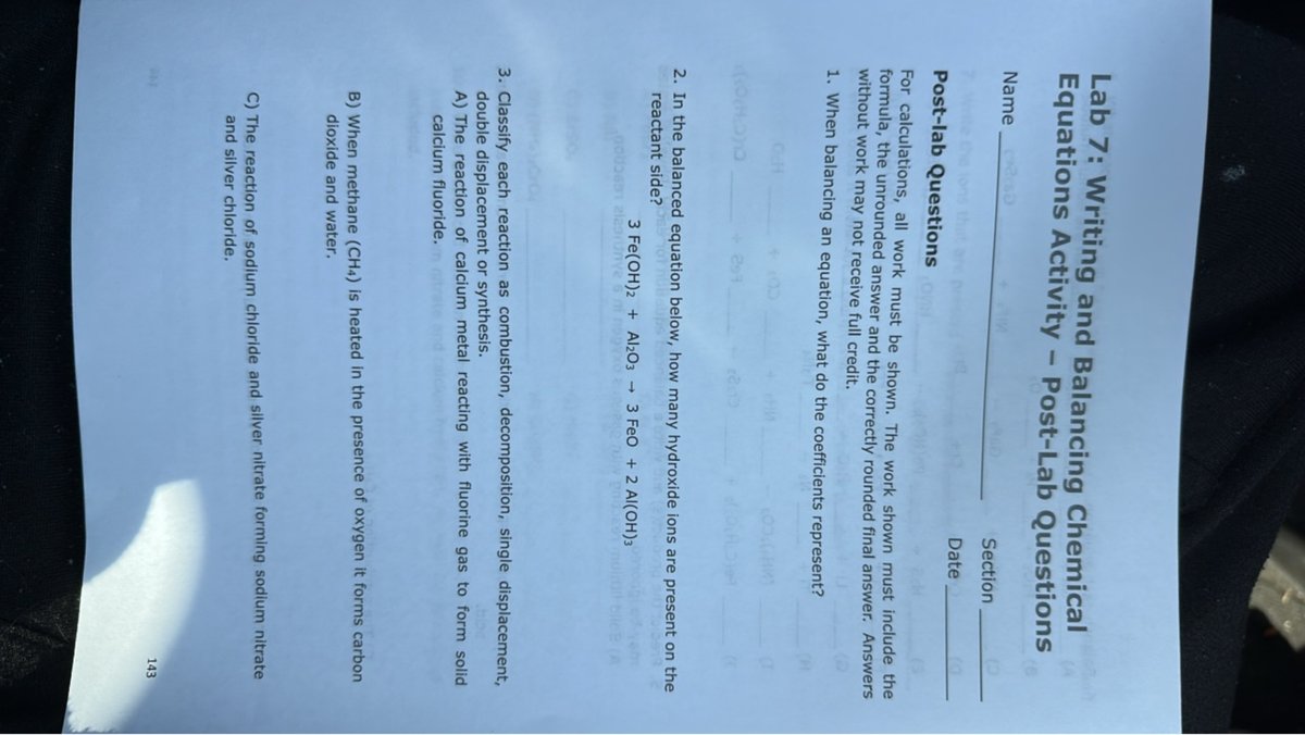 Lab 7: Writing and Balancing Chemical Equations Activity – Post-Lab Quest..