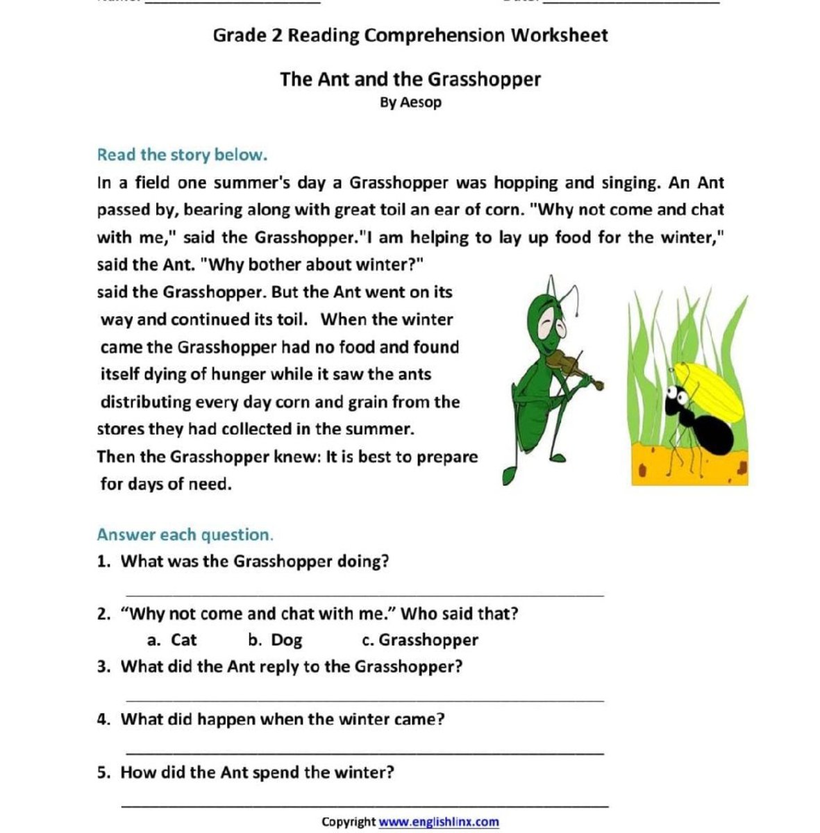 Grade 2 Reading Comprehension Worksheet The Ant and the Grasshopper By A..