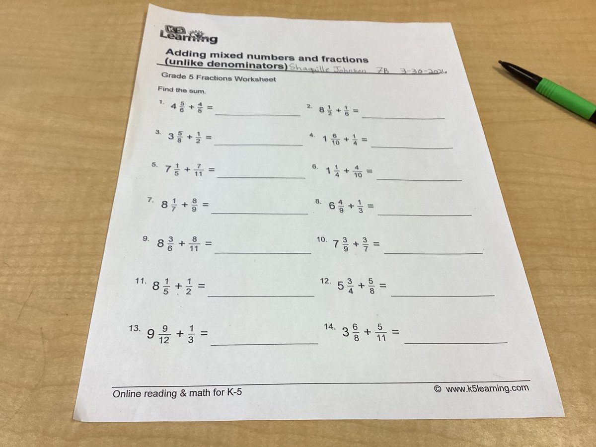Find the sum. 4\frac{5}{6} + \frac{4}{5} = 8\frac{1}{2} + \frac{1}{6}