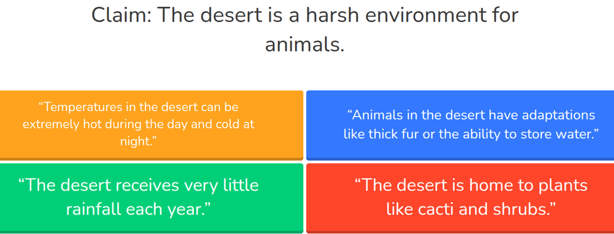 Claim: The desert is a harsh environment for animals. Which of the follo..