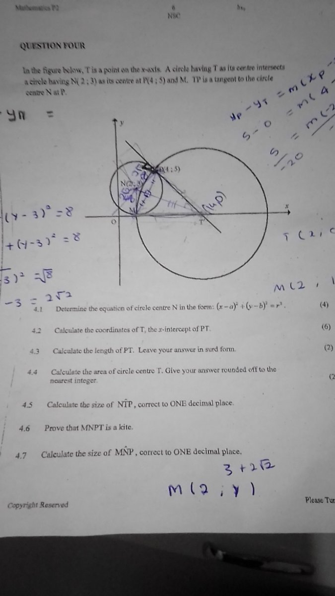 QUESTION FOUR In the figure below, T is a point on the x-axis. A circle