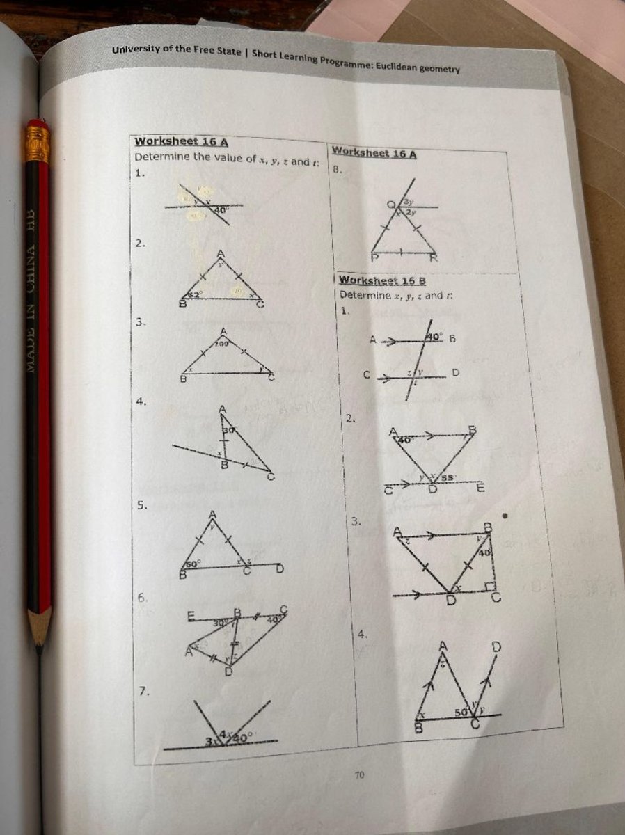 Worksheet 16 A Determine the value of x, y, z and t: Diagram of two inter..