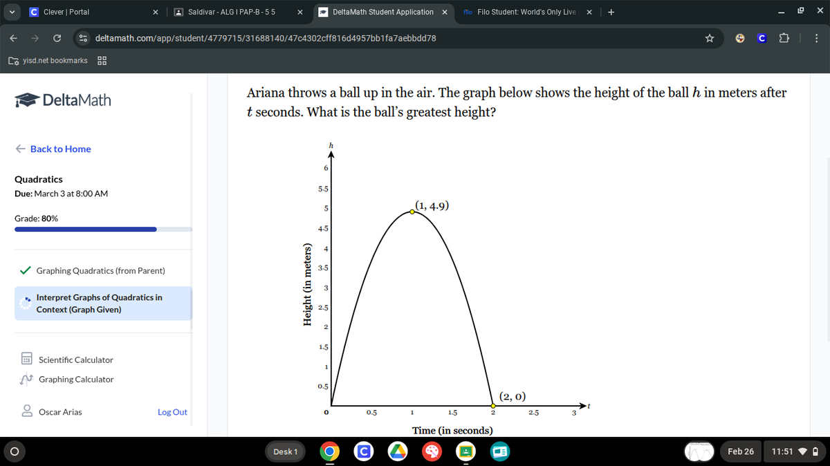 Ariana throws a ball up in the air. The graph below shows the height of t..