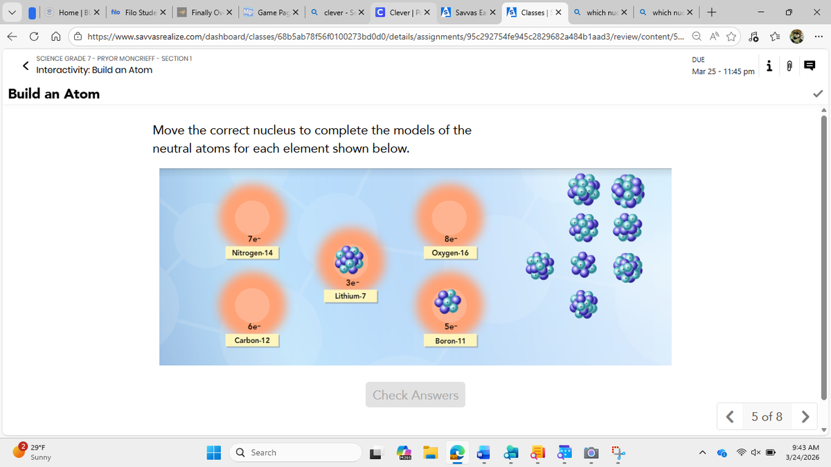 Move the correct nucleus to complete the models of the neutral atoms for