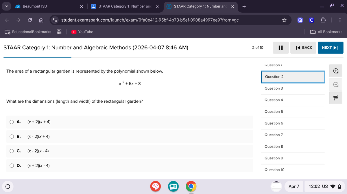 The area of a rectangular garden is represented by the polynomial shown b..