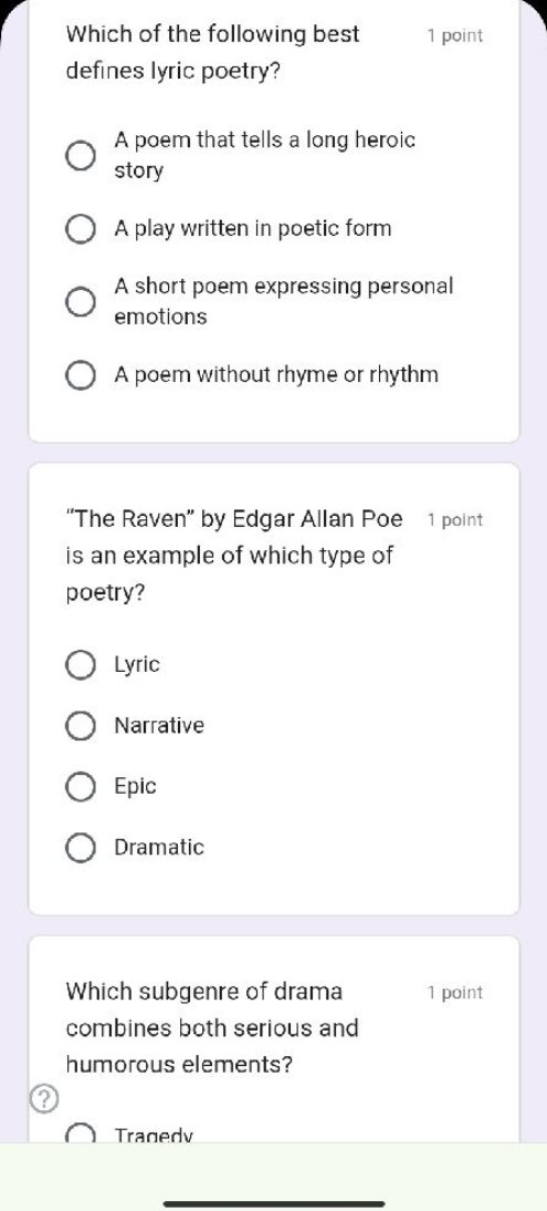 Which of the following best defines lyric poetry? A poem that tells a lon..