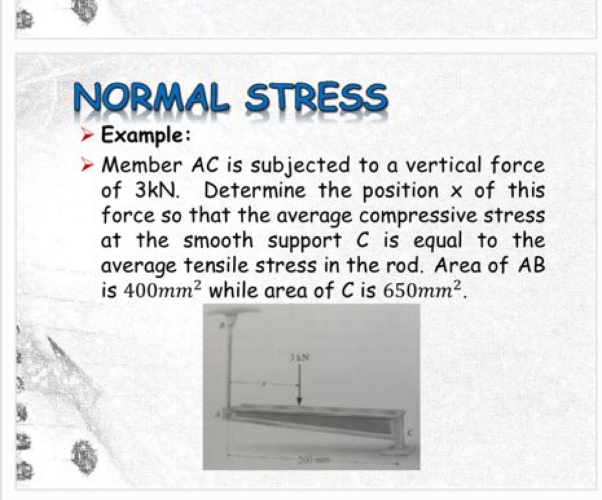 NORMAL STRESS Example: Member AC is subjected to a vertical force of 3k..