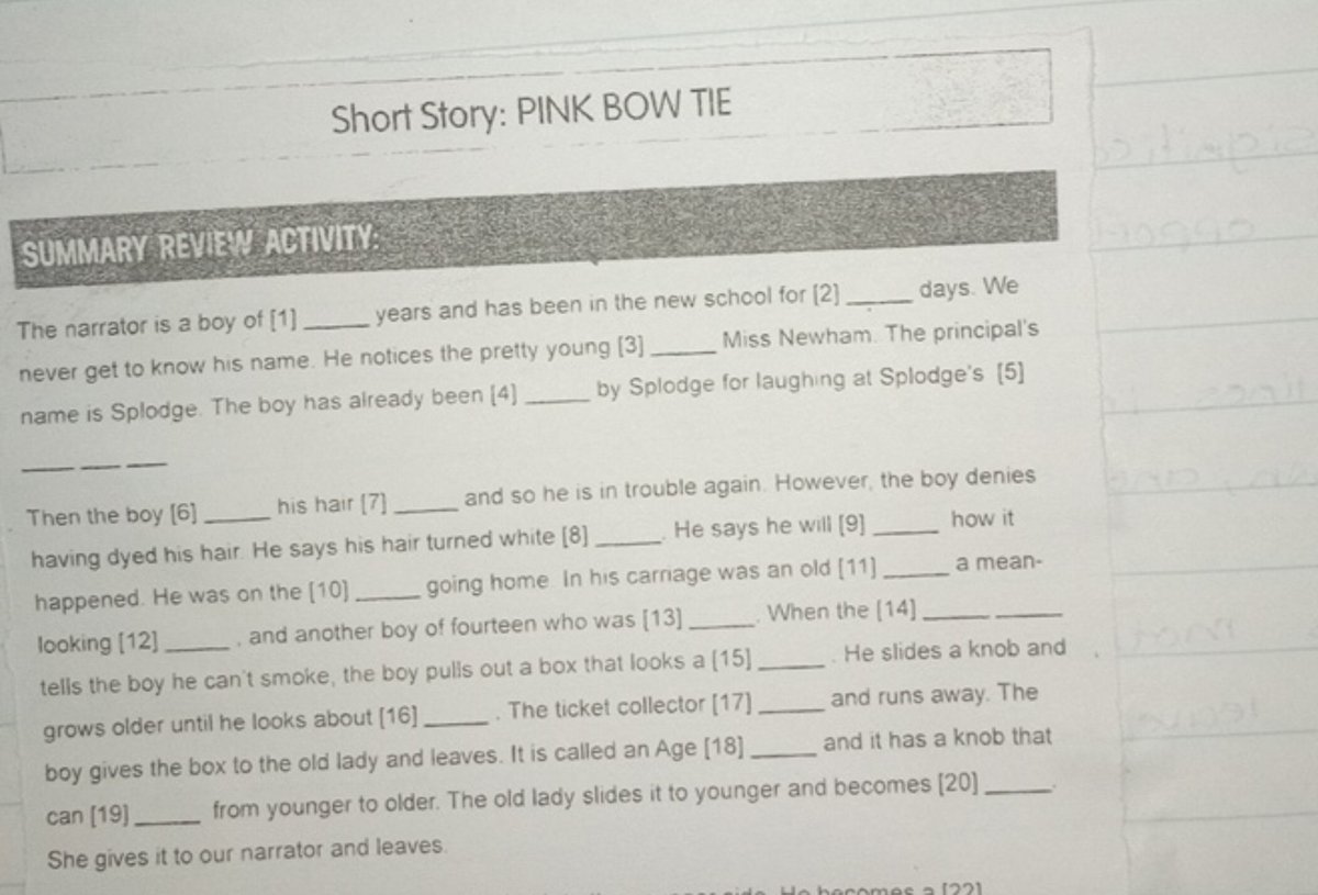 Short Story: PINK BOW TIE SUMMARY REVIEW ACTIVITY: The narrator is a bo..