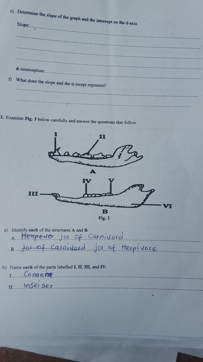 e) Determine the slope of the graph and the intercept on the d-axis. Slop..