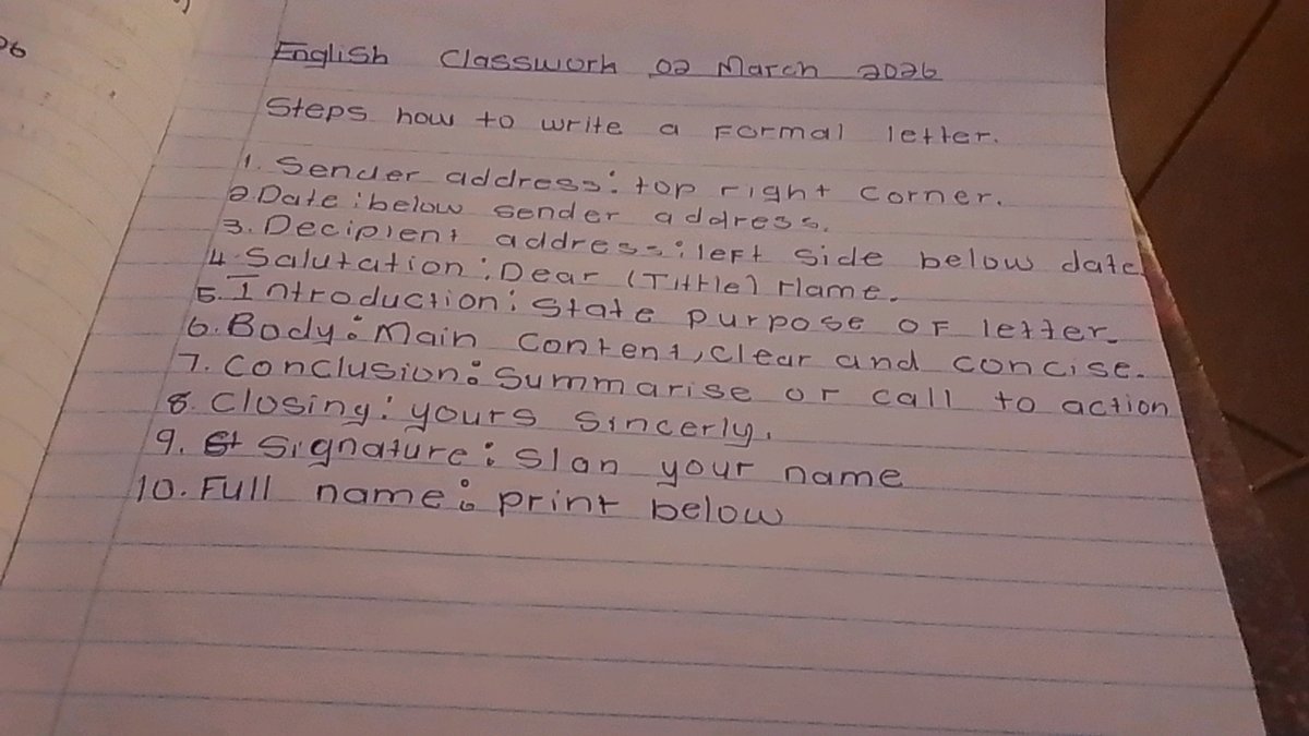 English Classwork 02 March 2026 Steps how to write a Formal letter. Sen..