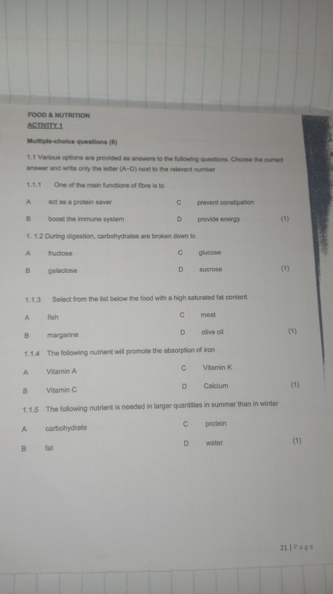 FOOD & NUTRITION ACTIVITY 1 Multiple-choice questions (6) 1.1 Various o..