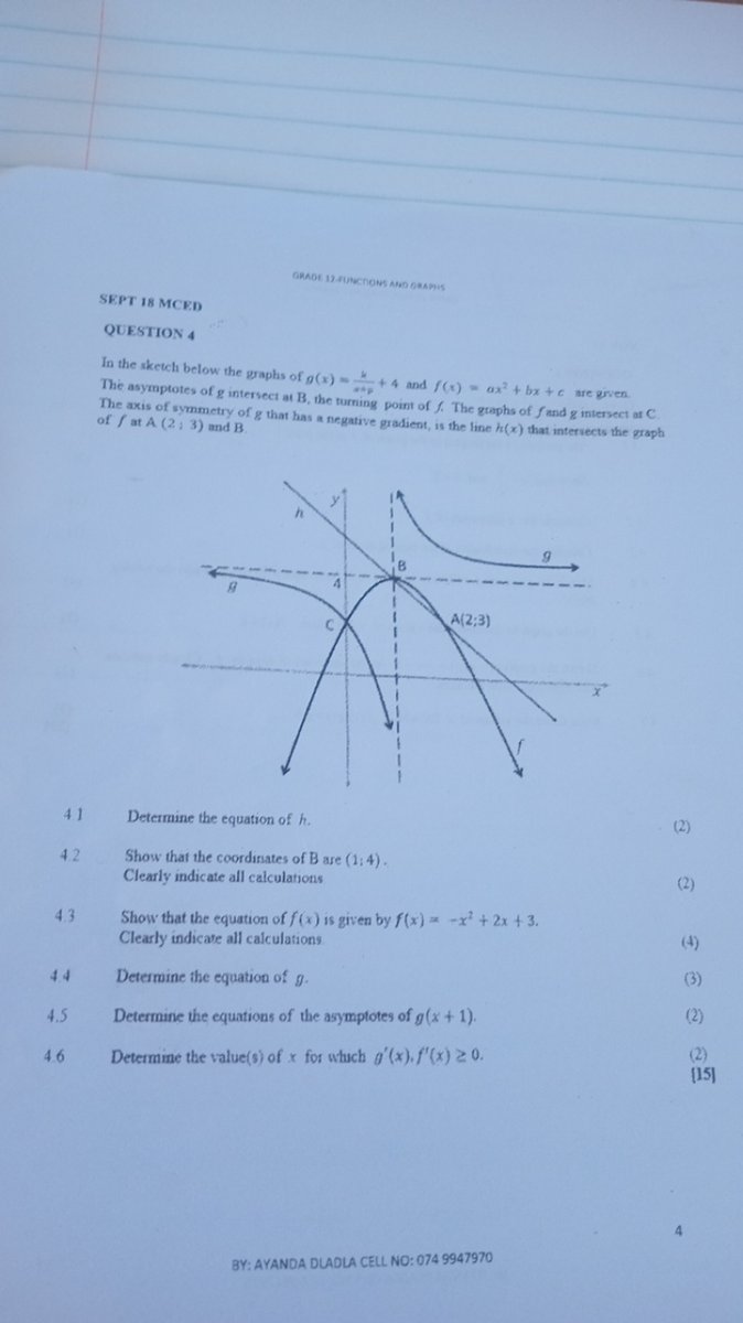 GRADE 12-FUNCTIONS AND GRAPHS SEPT 18 MCED QUESTION 4 In the sketch belo..