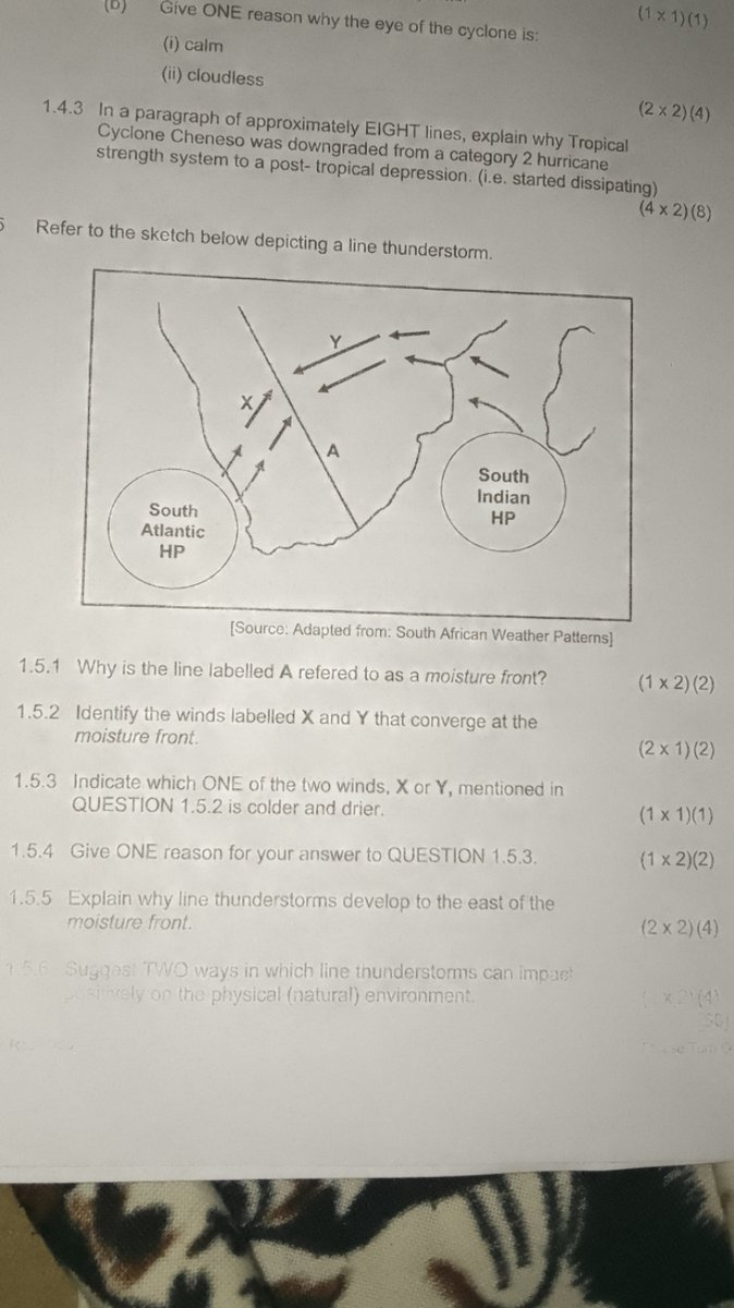 Refer to the sketch below depicting a line thunderstorm. Diagram showing..