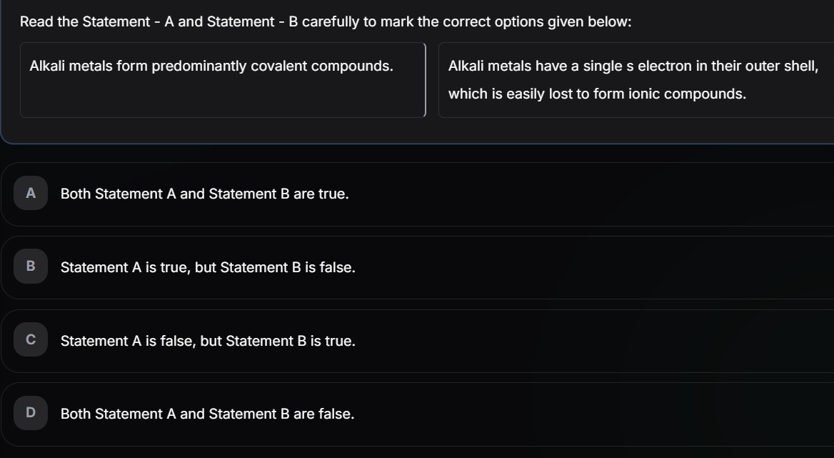 Read the Statement - A and Statement - B carefully to mark the correct op..