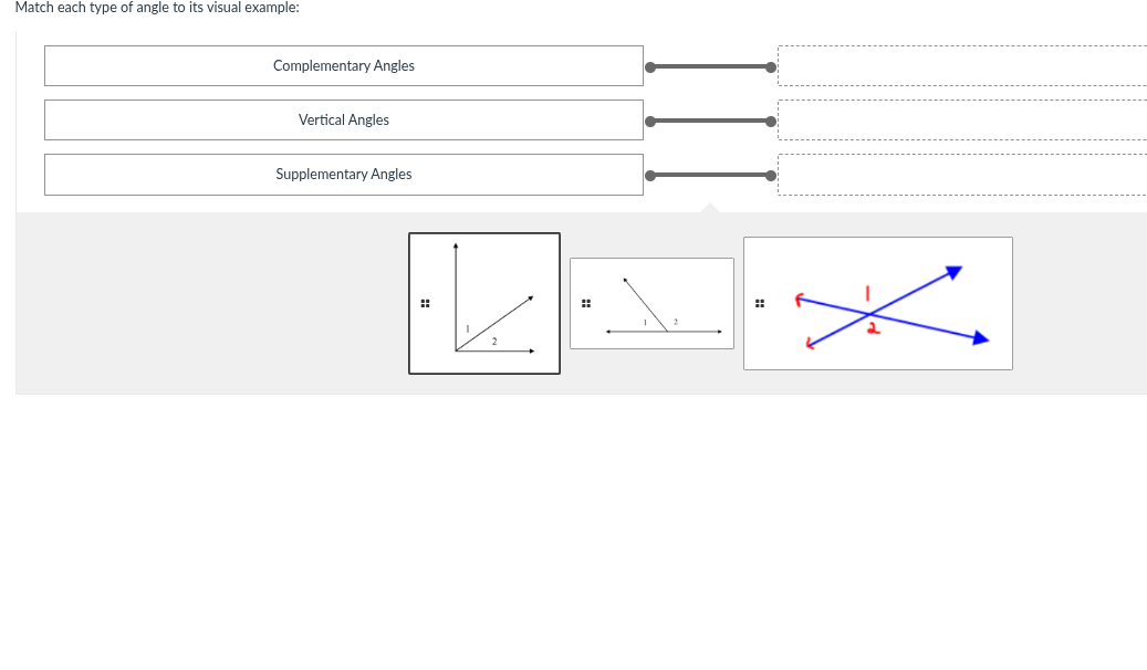 Match each type of angle to its visual example: Complementary Angles Ver..