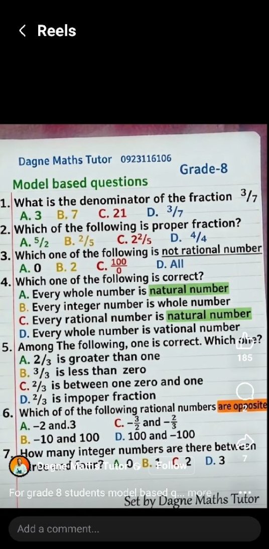 Here are some model-based questions for Grade 8: What is the denominator..