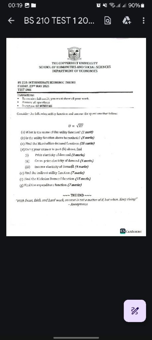 BS 210: INTERMEDIATE ECONOMIC THEORY FRIDAY, 23 MAY 2025 TEST ONE Instru..