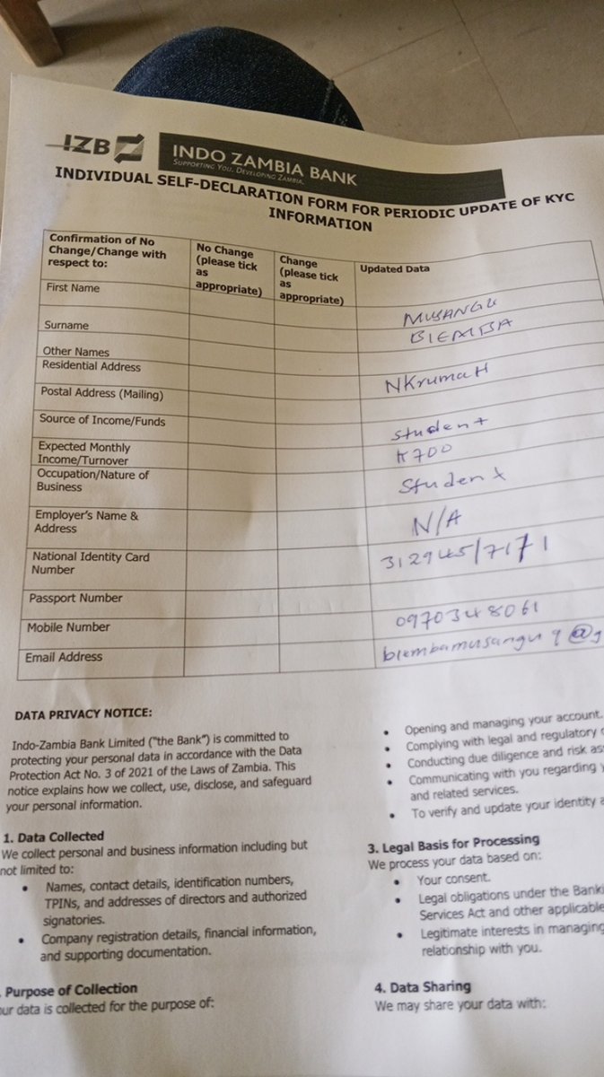 Here is the original image: [Image of a form titled "INDO ZAMBIA BANK IN..