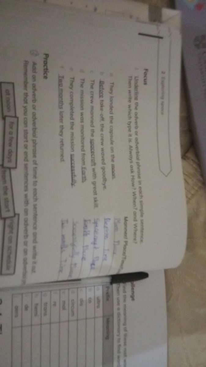 Focus Underline the adverb or adverbial phrase in each simple sentence. T..