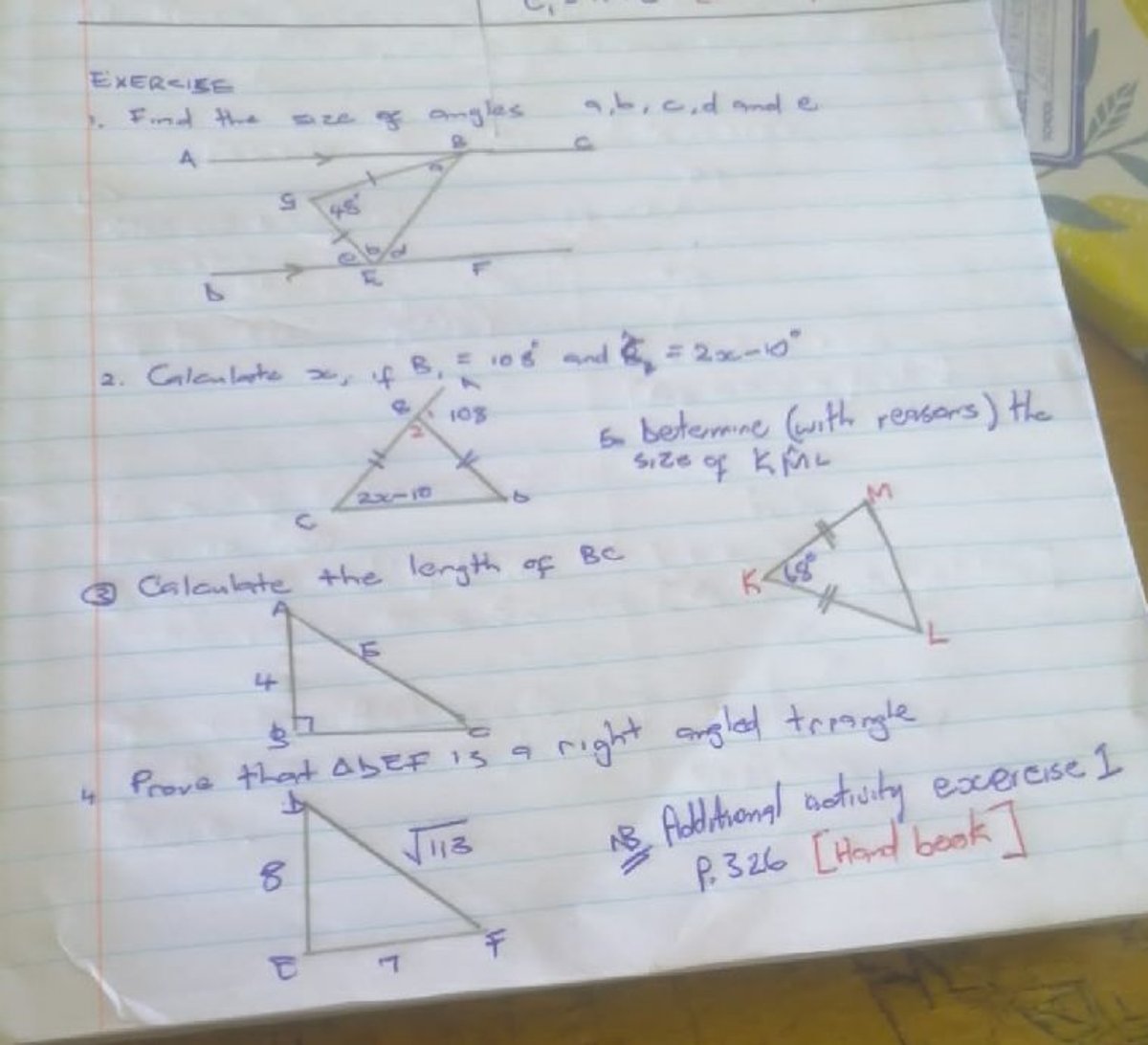 EXERCISE Find the size of angles a, b, c, d and e. (Diagram shows two par..