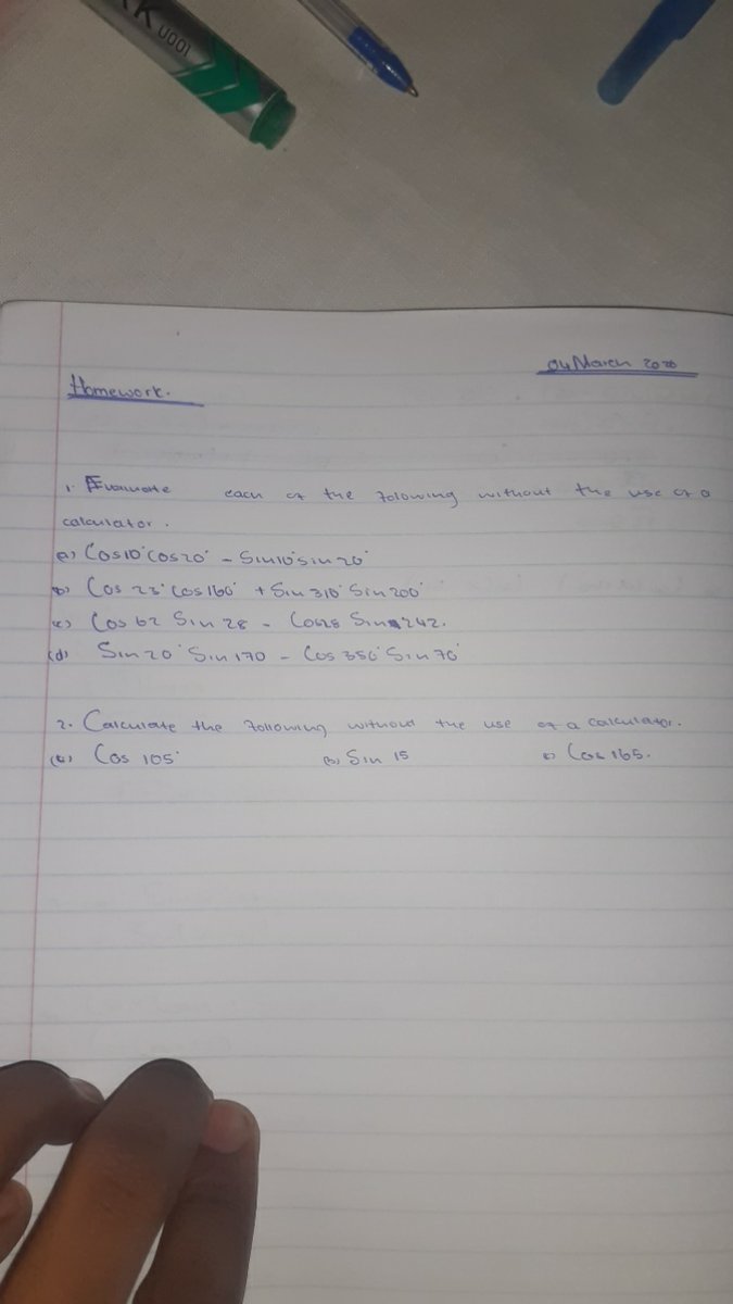 Homework. Evaluate each of the following without the use of a calculator..