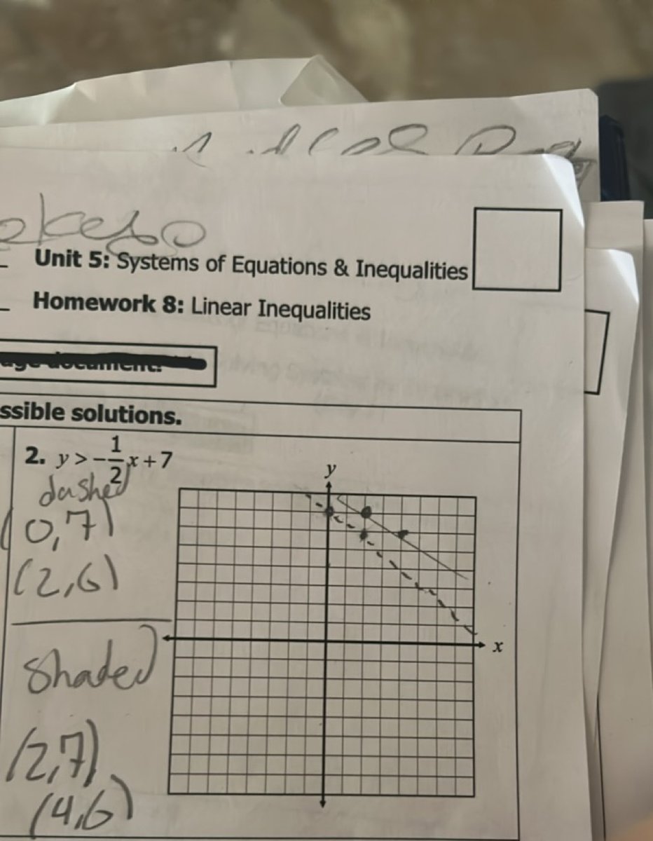 Given the linear inequality: y > -\frac{1}{2}x + 7 Graph the inequality..